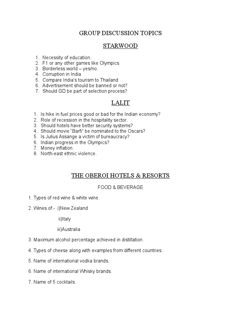 Group Discussion Topics in Hospitality | PDF | Distilled Beverages | Wine