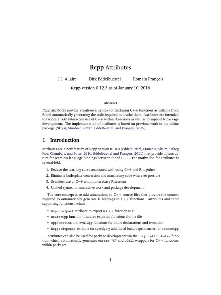 RCPP Attributes: J.J. Allaire Dirk Eddelbuettel Romain François | PDF ...
