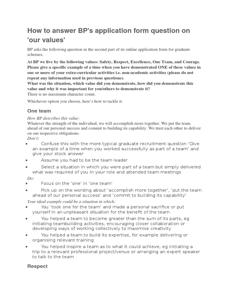 How To Answer BP's Application Form Question On 'Our Values' | PDF ...