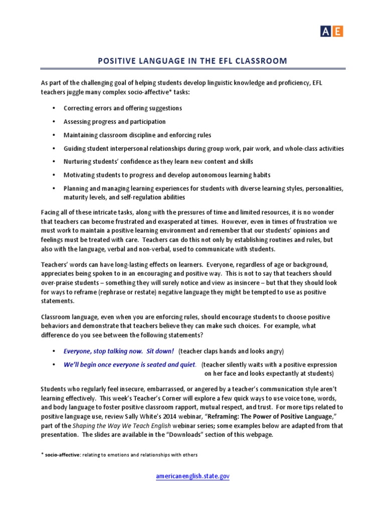 Positive Language in The Efl Classroom | PDF | Behavioural Sciences ...