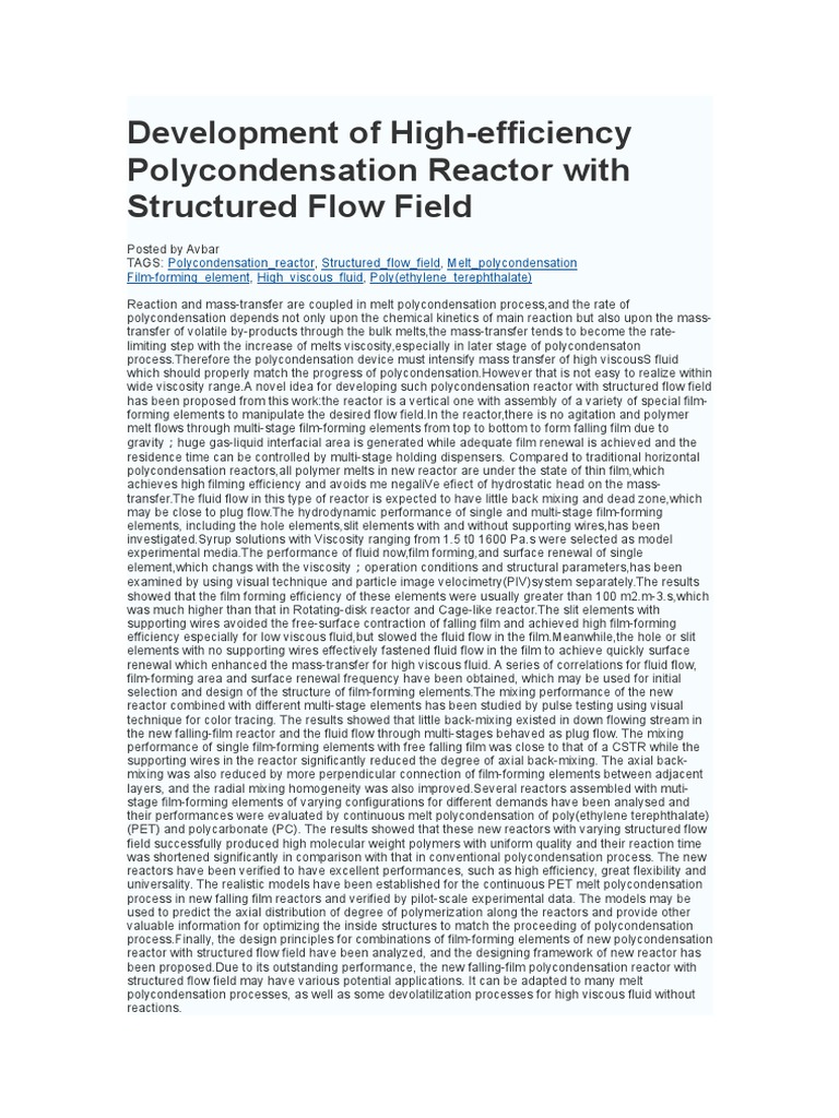 Development of High-Efficiency Polycondensation Reactor With Structured ...
