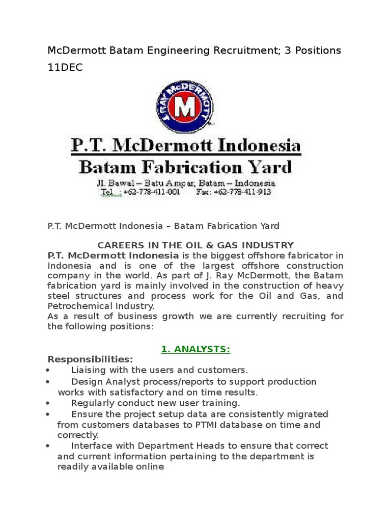 McDermott Batam Engineering Job Openings | PDF | Engineering | Engineer
