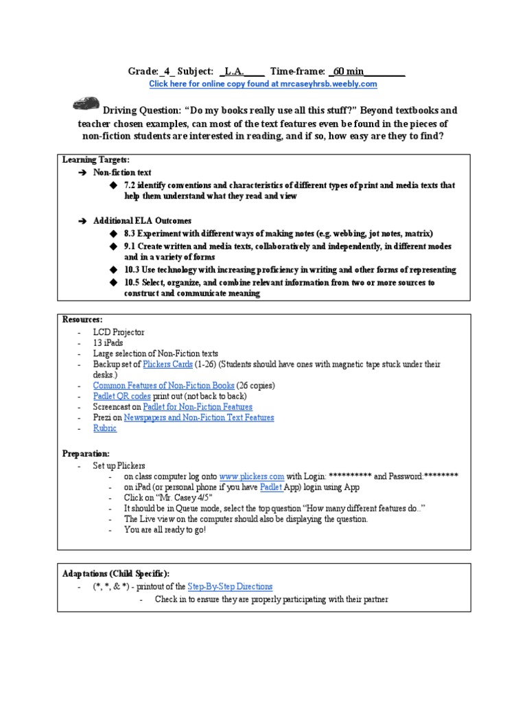 Non-Fiction Text Features Lesson Plan | PDF | Photograph | Computing