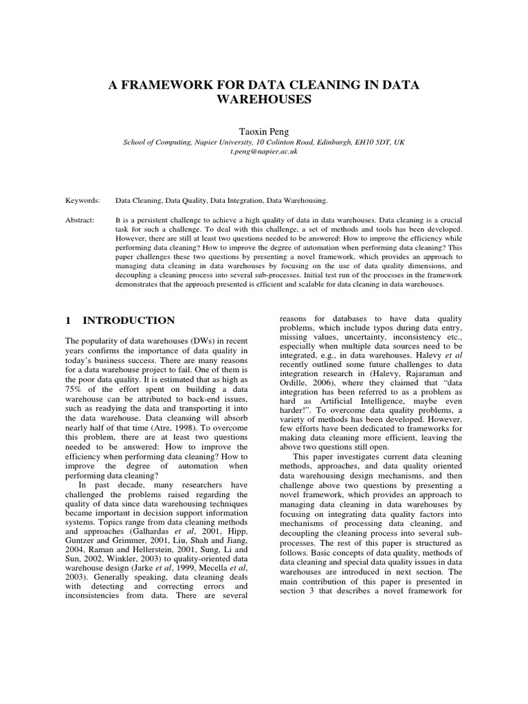 A Framework For Data Cleaning in Data Warehouses: Taoxin Peng | PDF ...