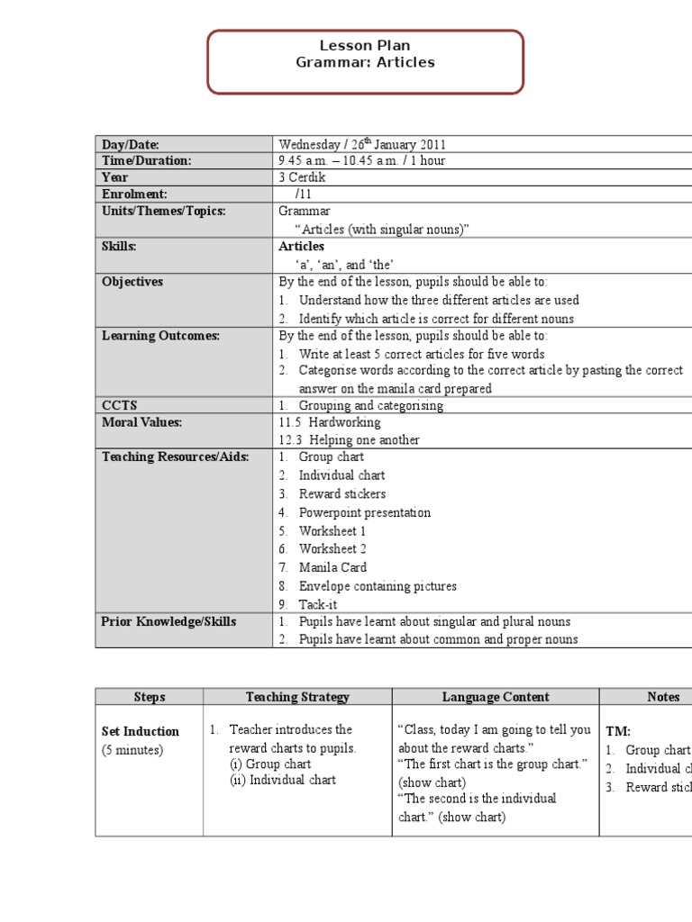 Lesson Plan: Teaching Articles in English | PDF | Grammatical Number ...