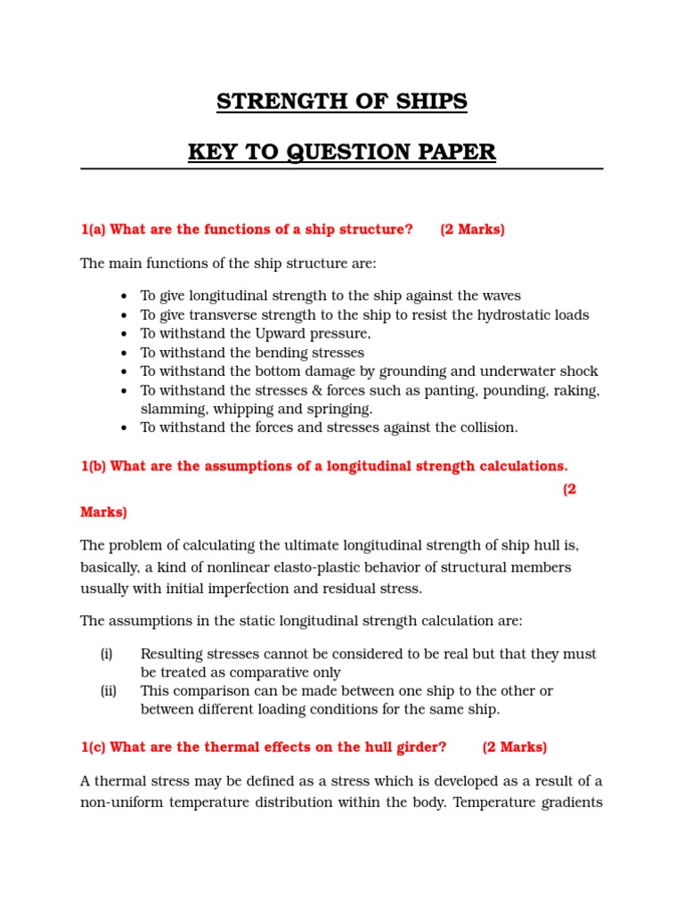 Strength of Ships Key To Question Paper: 1 (A) What Are The Functions ...