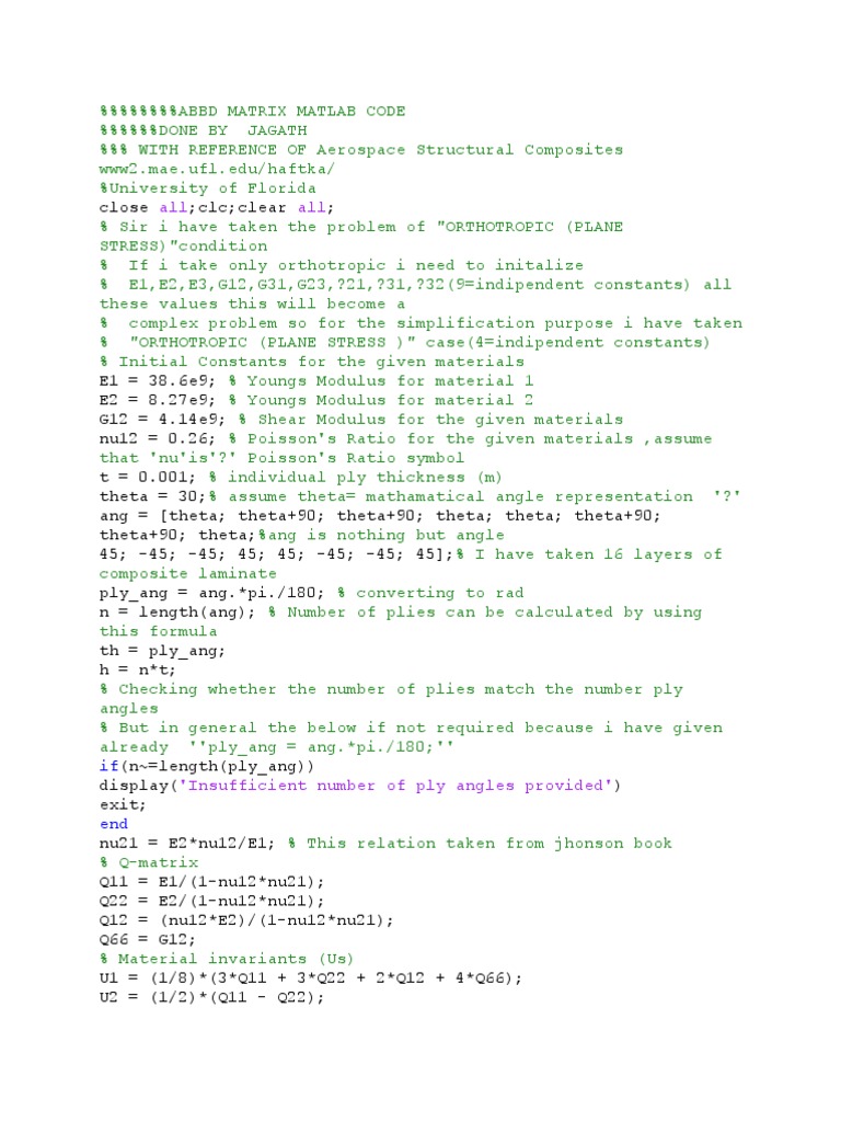Abbd Matrix Matlab Code | PDF | Young's Modulus | Shear Stress