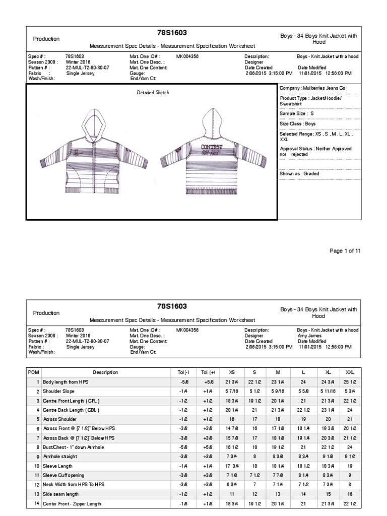 Specification Sheet Sample | PDF | Gauge (Knitting) | Knitting
