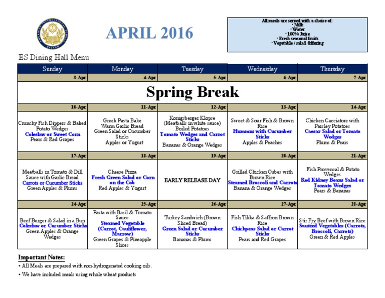 ES Dining Hall Menu - April 2016 | PDF | Coleslaw | Salad