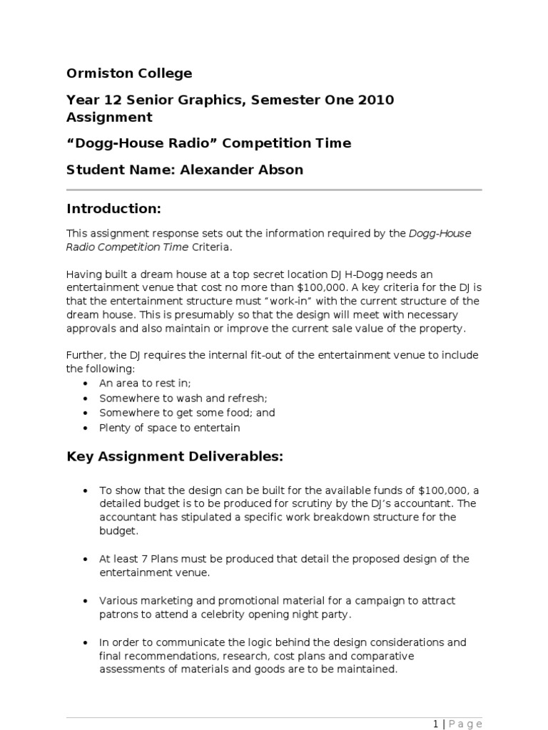 Ormiston College Year 12 Senior Graphics, Semester One 2010 Assignment ...