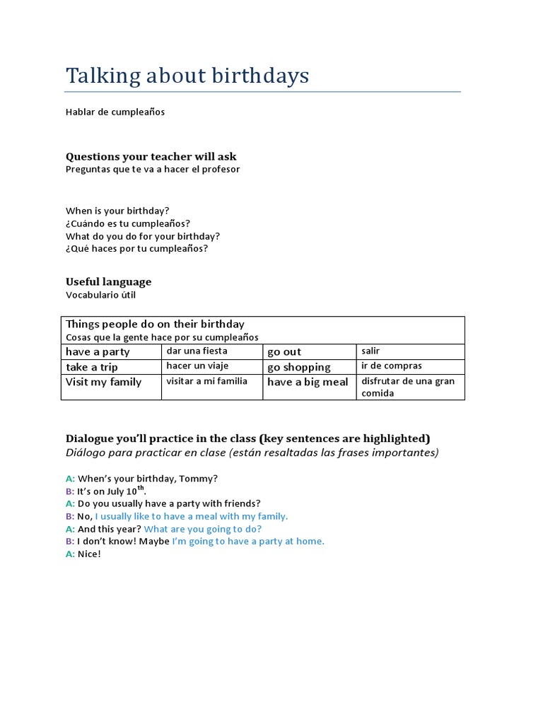 Birthdays in Spanish: Key Phrases | PDF