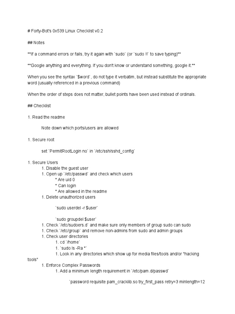 Linux Security Checklist Guide | PDF | Sudo | Advanced Packaging Tool