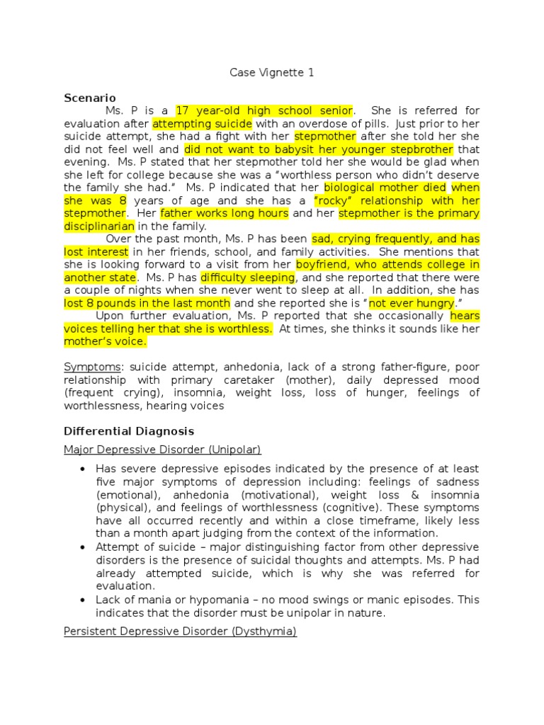 Case Vignette 1 | PDF | Mania | Major Depressive Disorder