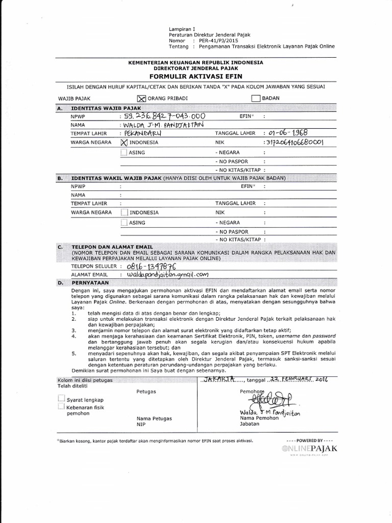 Formulir Aktivasi EFIN Contoh | PDF