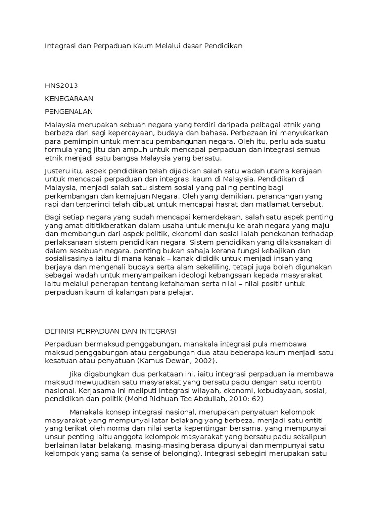 Integrasi Dan Perpaduan Kaum Melalui Dasar Pendidikan | PDF