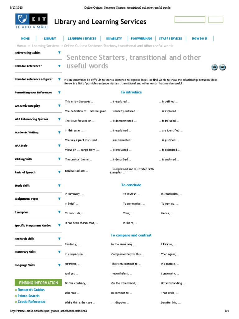 Sentence Starters and Transitions Guide | PDF | Essays | Sentence ...