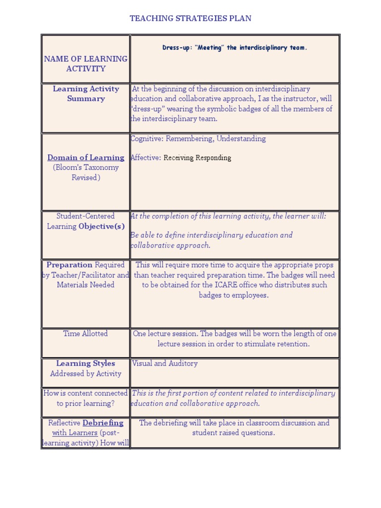 Teaching Strategies Plan 1 | PDF