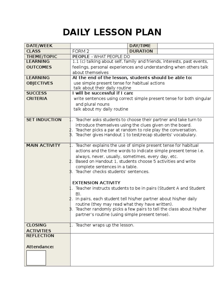 Daily Lesson Plan: Form 2 | PDF | Career & Growth