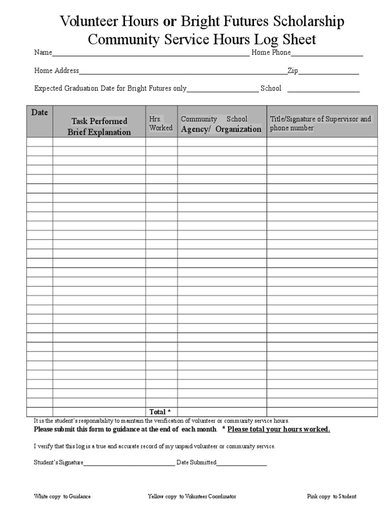 Bright Futures Volunteer Hours Log Form | PDF | Career & Growth