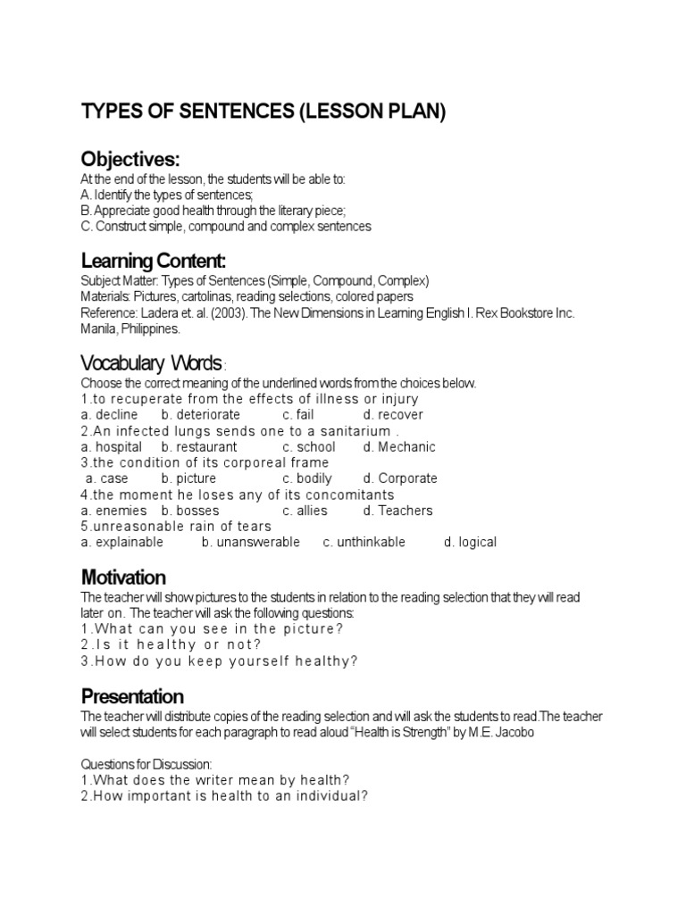 Types of Sentences Lesson Plan | PDF | Sentence (Linguistics) | Clause