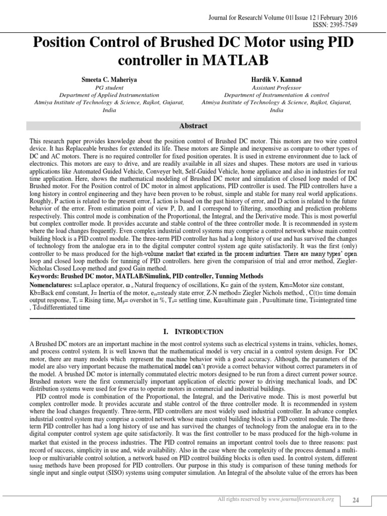 Position Control of Brushed DC Motor Using Pid Controller in Matlab | PDF | Control Theory ...