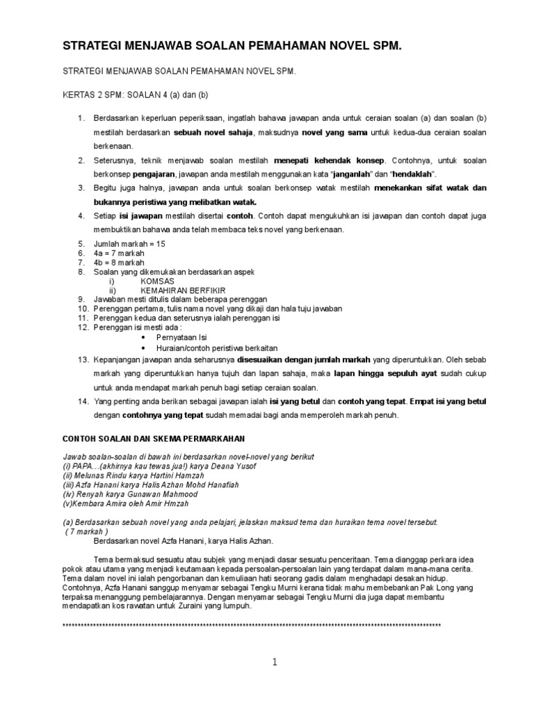 Strategi Menjawab Soalan Pemahaman Novel SPM Modul Novel | PDF | Puisi ...