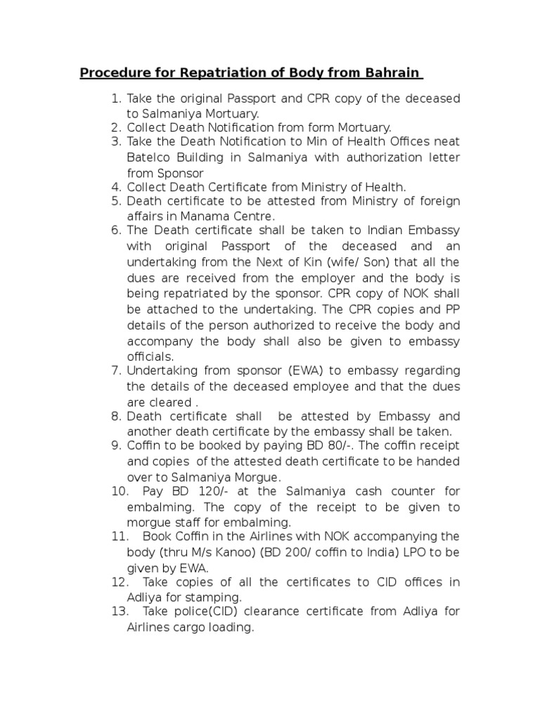 Body Repatriation Procedure in Bahrain | PDF