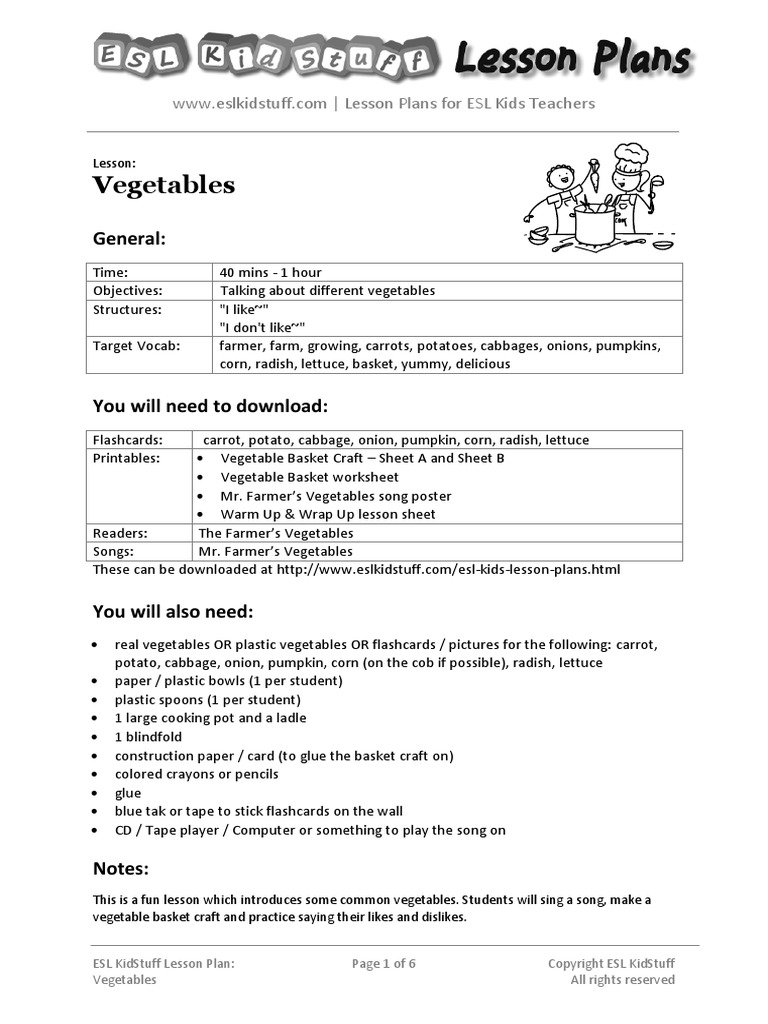 Vegetables Lesson Plan | PDF | Lesson Plan | English As A Second Or ...