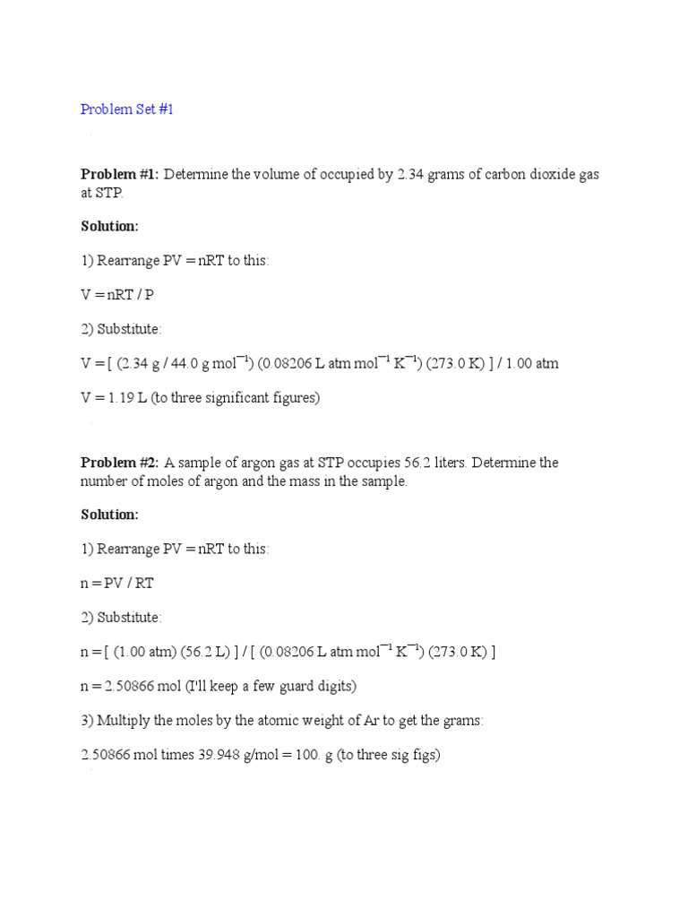 Ideal Gas Law Problem Set Solutions | PDF | Mole (Unit) | Gases