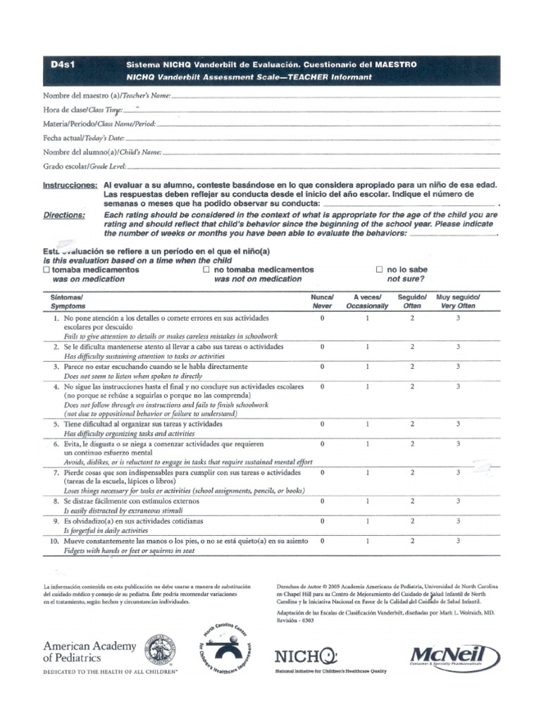 ADHD - Vanderbilt Form | PDF