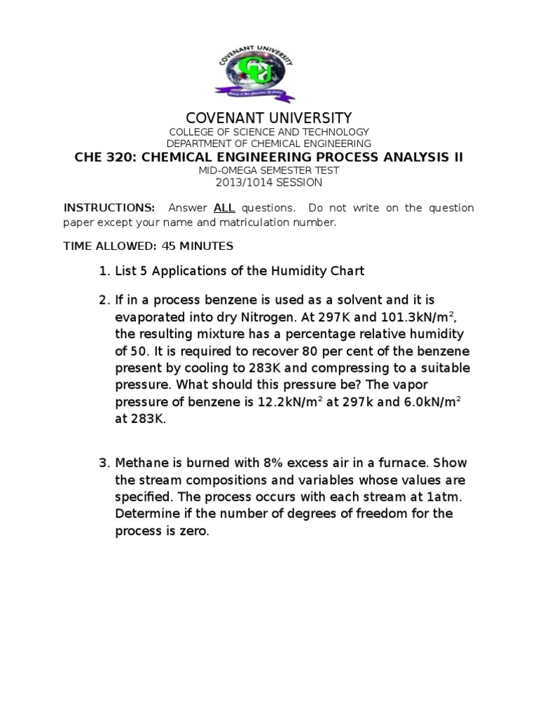 Covenant University: Che 320: Chemical Engineering Process Analysis Ii ...