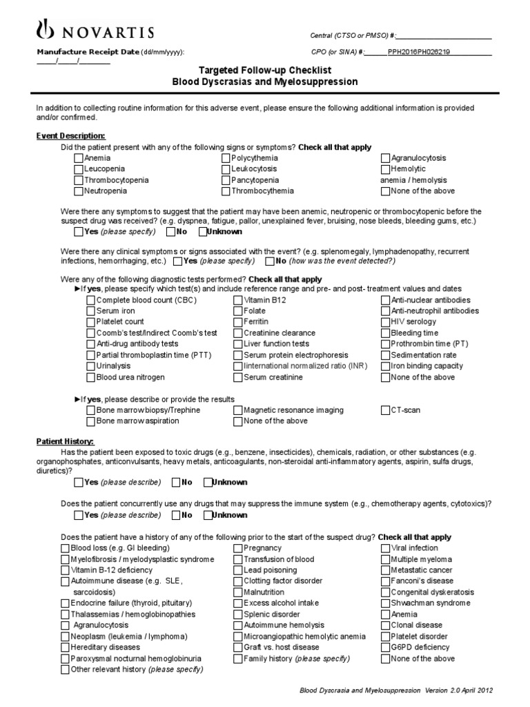 Blood Dyscrasias Checklist_PPH2016PH026219 (1) | Anemia | Tissue (Biology)