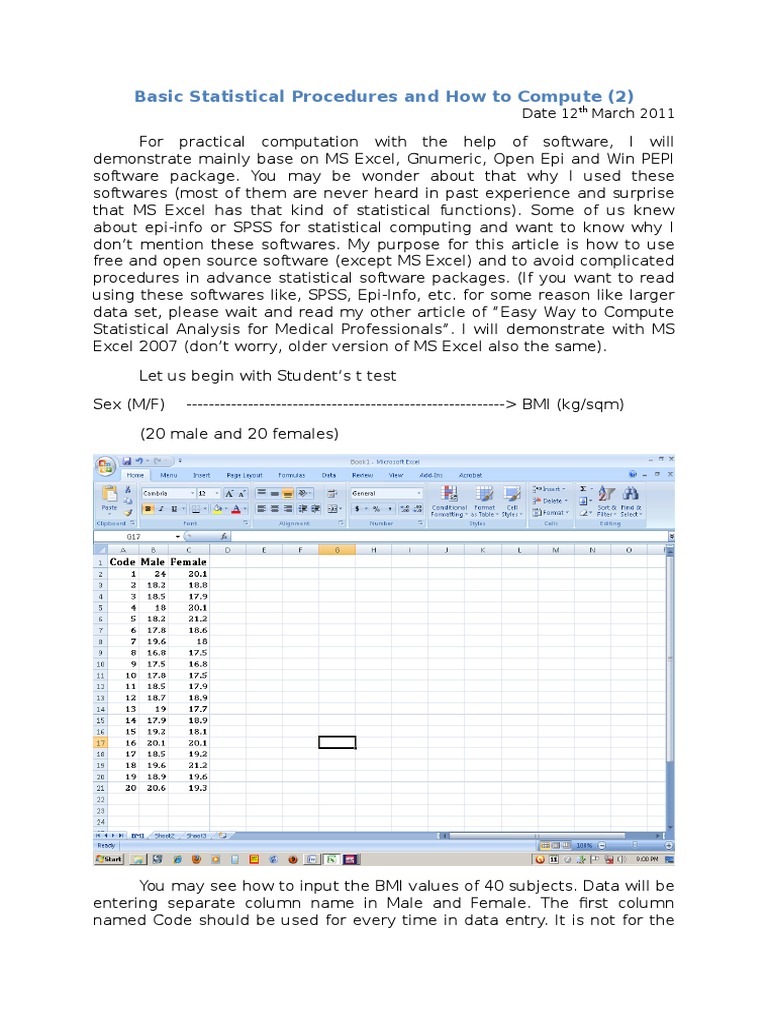 Basic Stats Procedures & How to Compute in Excel | PDF | Student's T ...