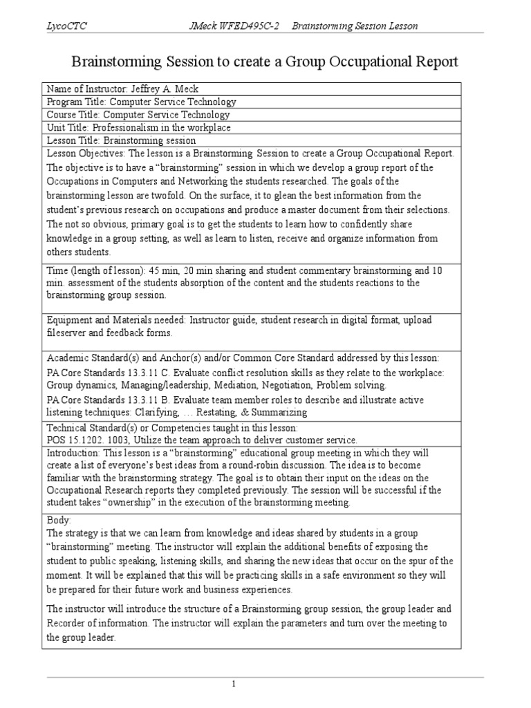 Lesson Plan-Brainstorming Session For The Group Occupational Report ...