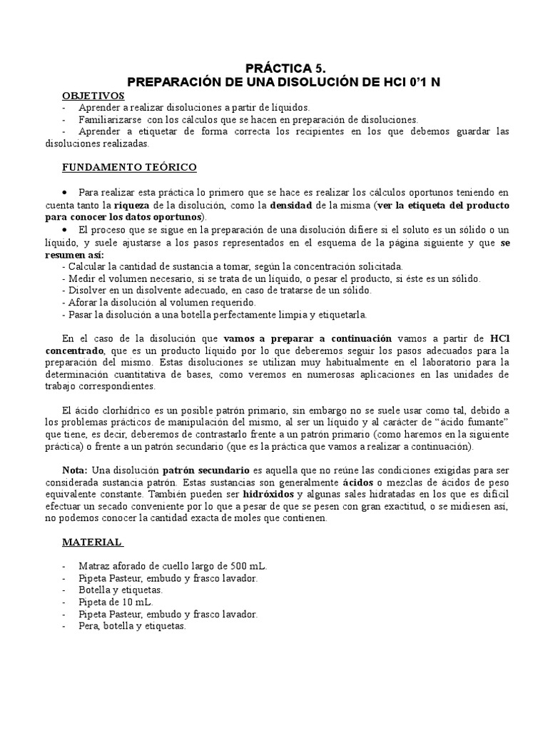 PR CTICA 5. - PREPARACI N DE UNA DISOLUCI N DE HCL 0 1 N | PDF | Ácido ...