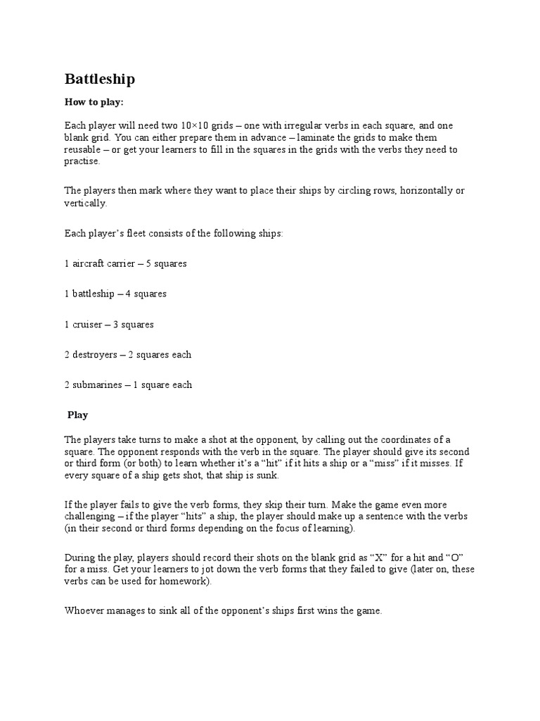 Engaging Battleship Game for Learning Verbs | PDF