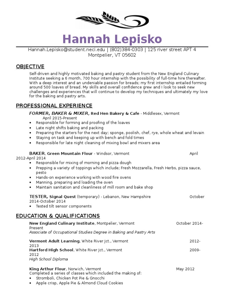 Baking and Pastry Internship Resume | PDF