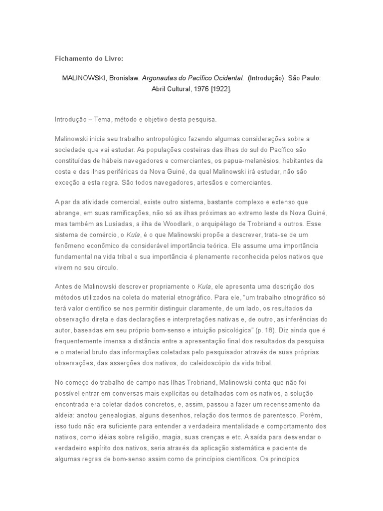 Metodologia de Malinowski no Kula | PDF | Etnografia | Science