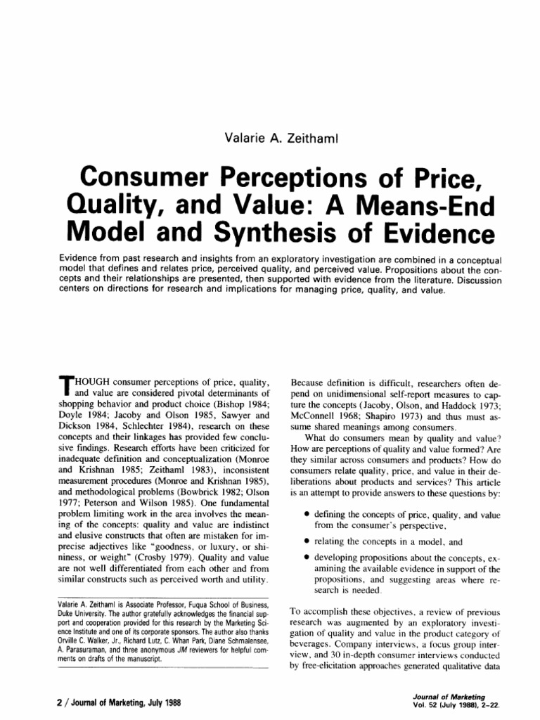 Consumer Perceptions of Price, Quality, and Value. A Means - End Model ...