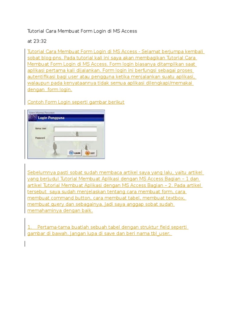 Tutorial Cara Membuat Form Login Di MS Access | PDF