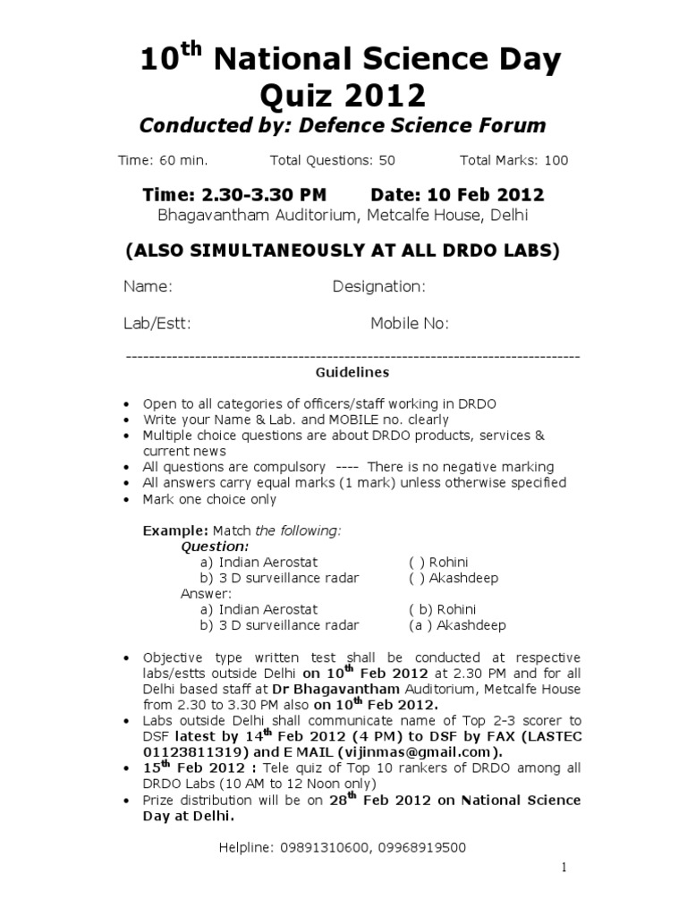 DRDO National Science Quiz | PDF | Military Technology | Armed Conflict