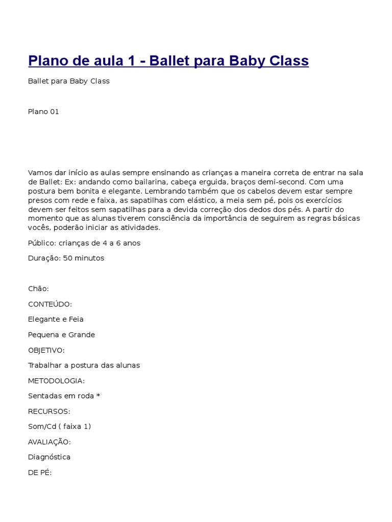 Plano de Aula Ballet Baby Class.. | PDF | Balé | Lazer