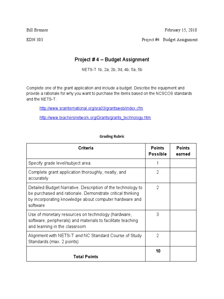Project # 4 - Budget Assignment: NETS-T 1b, 2a, 2b, 3d, 4b, 5a, 5b ...