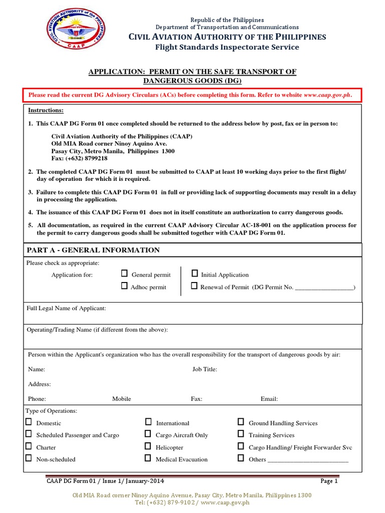 Caap - DG - Form 01 PDF | PDF | Dangerous Goods | Cargo