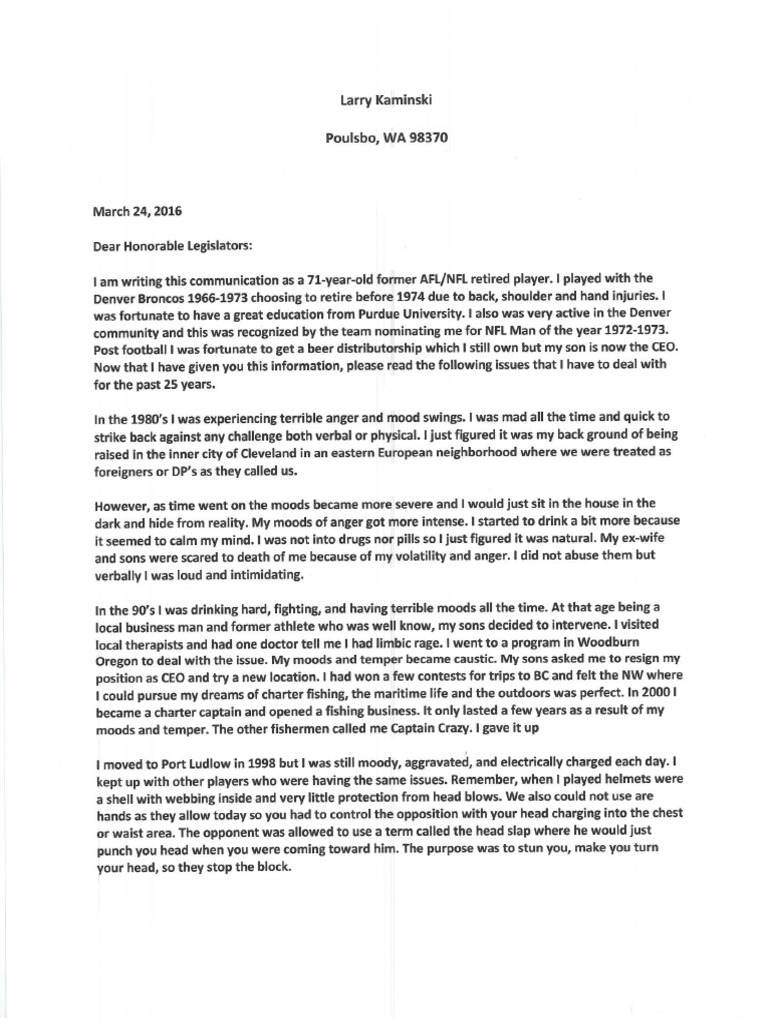 Larry Kaminski NFL Concussions Letter | PDF