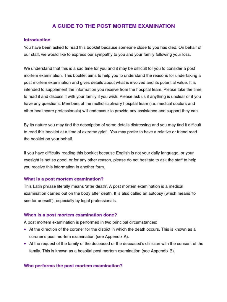 A Guide To The Post Mortem Examination Model Information Booklet | PDF ...