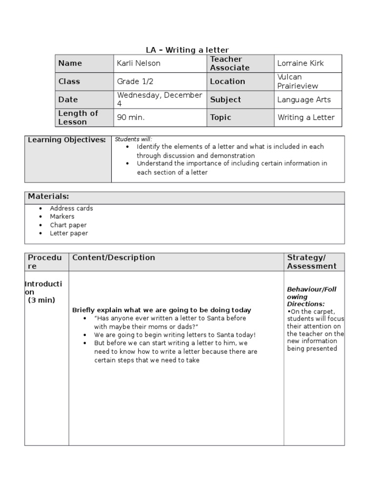 Writing A Letter Lesson Plan | PDF | Lesson Plan | Teaching