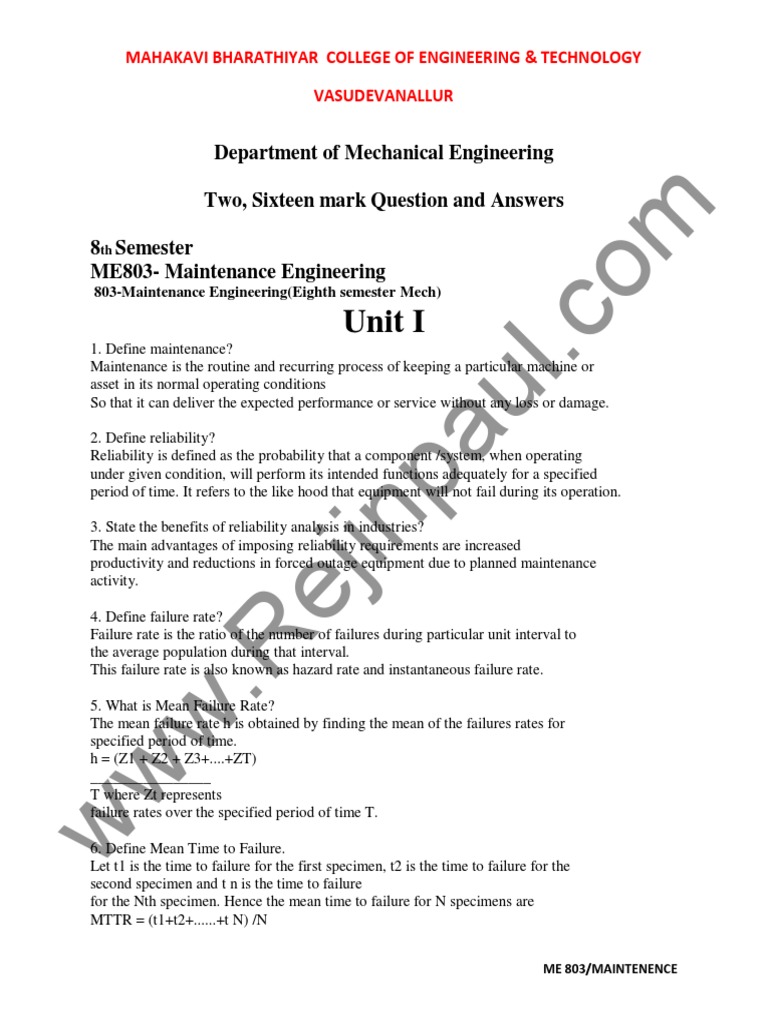 Maintenance Engineering Q&a PDF | PDF | Reliability Engineering | Systems Engineering