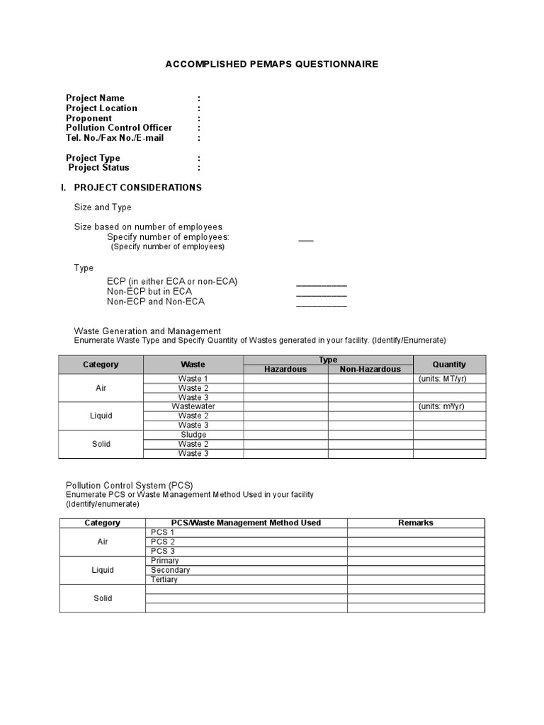Pemaps Questionnaire (Sample) | PDF