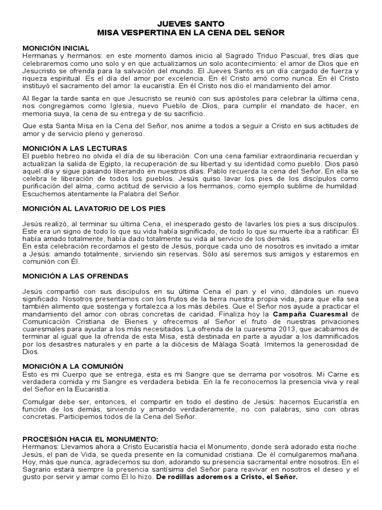 Moniciones y Otros Jueves Santo-Misa Vespertina 2013 | PDF | eucaristía | Misa (liturgia)